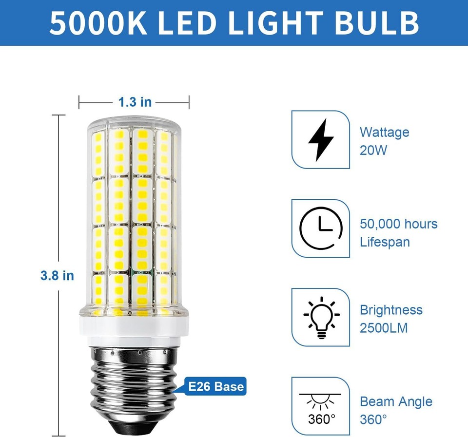 200W Equivalent Daylight E26/E27 20W for Home LED Corn Light Bulb Pack ...