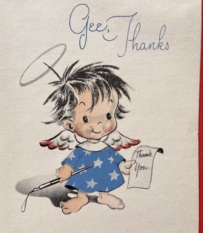 Vintage Mid Century UNUSED Cute Patriotic Angel Thank You Greeting Card ...