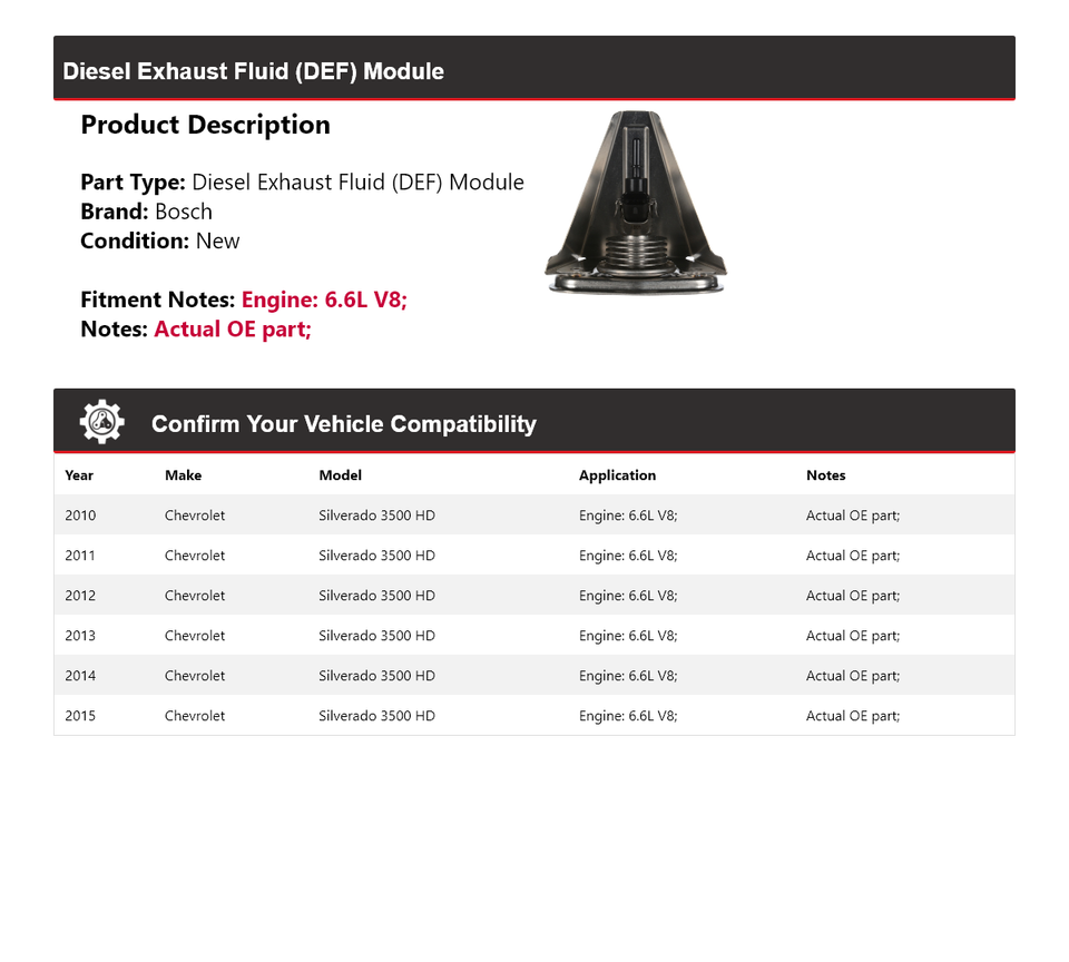 For 2010-2015 Chevrolet Silverado 3500 HD Bosch DEF Module 2011 2012 ...