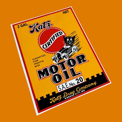 Katz Motor oil vintage jug pourer Vinyl sticker Classic tin drum can ...