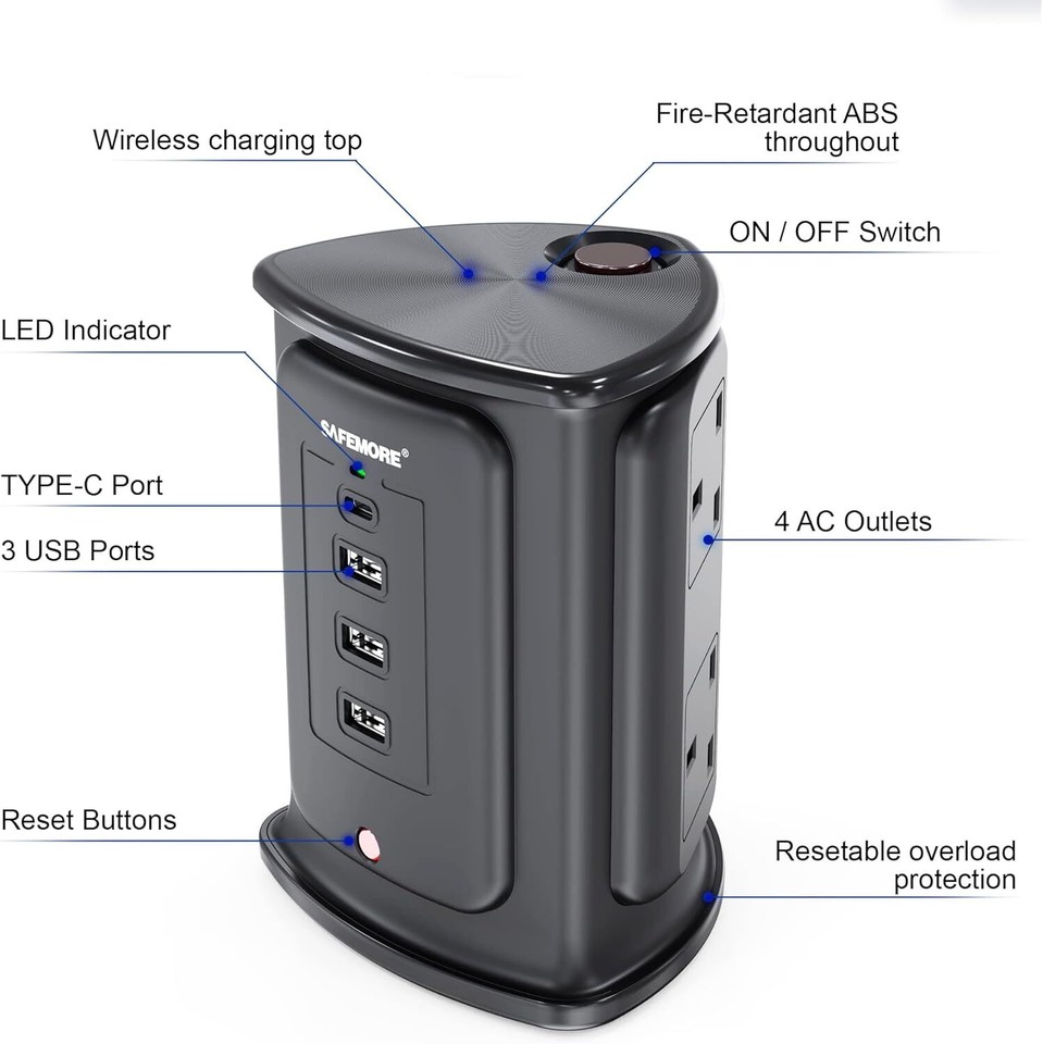 EXTENTION LEAD VERTICAL POWER STRIP TOWER MULTI PLUG USB UK SOCKET 2M ...