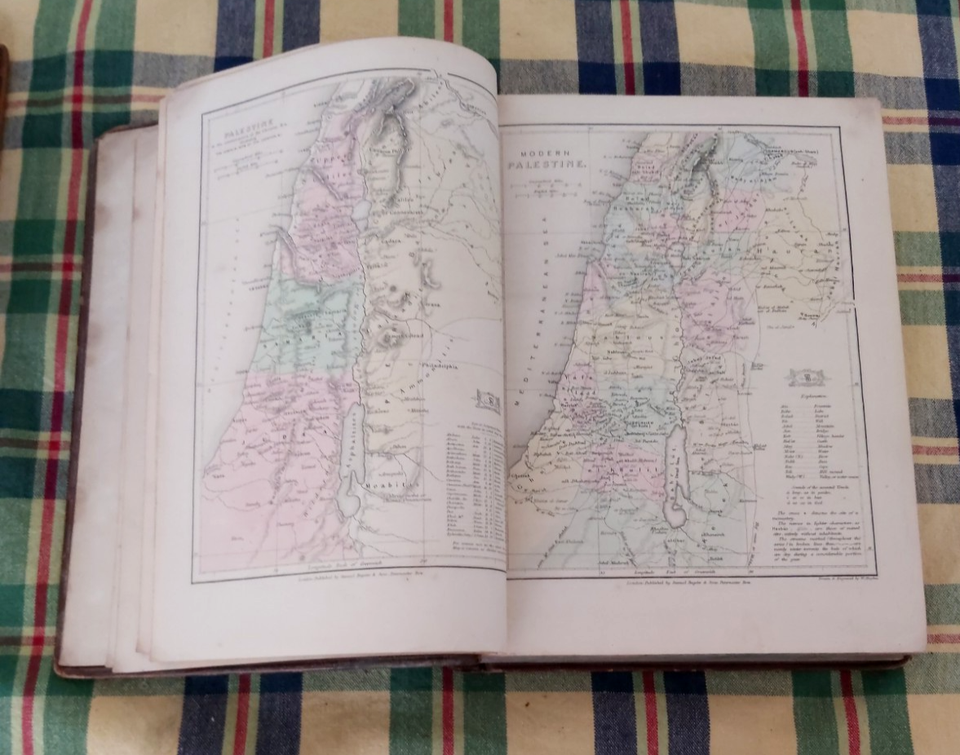 Large 2 Volume Antique Leather Bound Holy Bible Commentary Books m ...