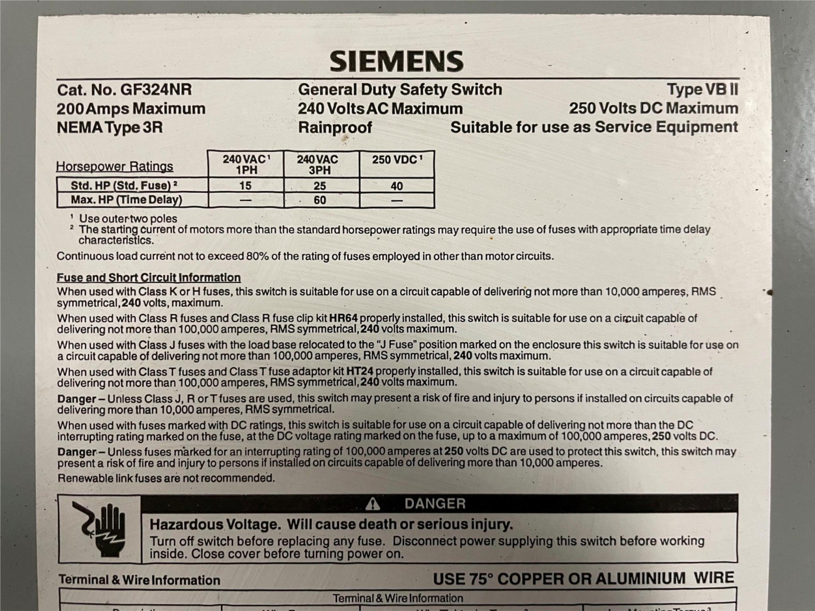 Siemens GF324NR 240V 200A Heavy Duty Safety Switch | eBay
