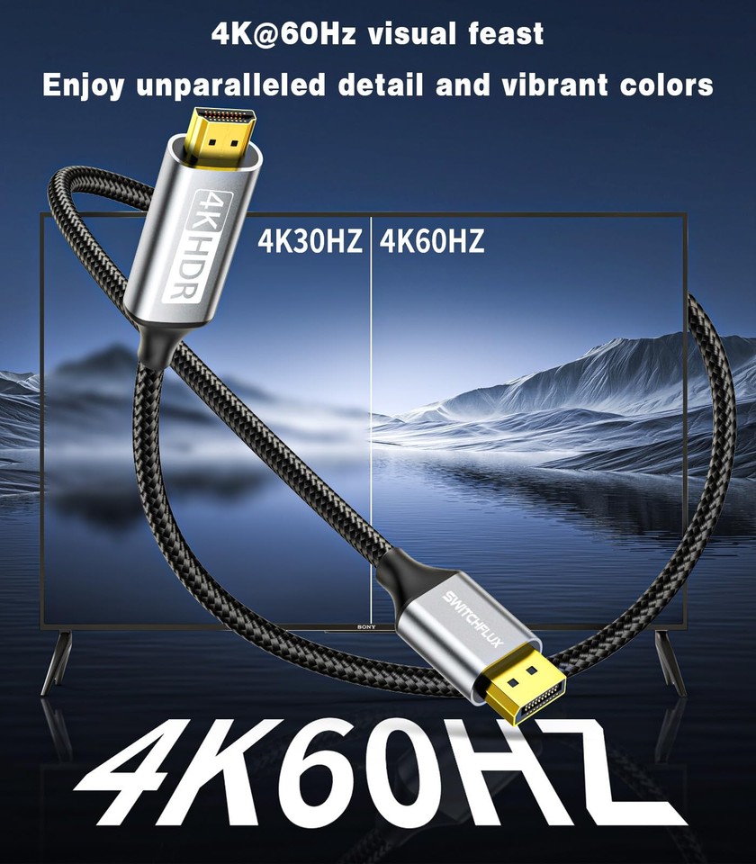 SWITCHFLUX Active DisplayPort to HDMI Cable 6Ft (4K60Hz,1440P/2K120Hz ...