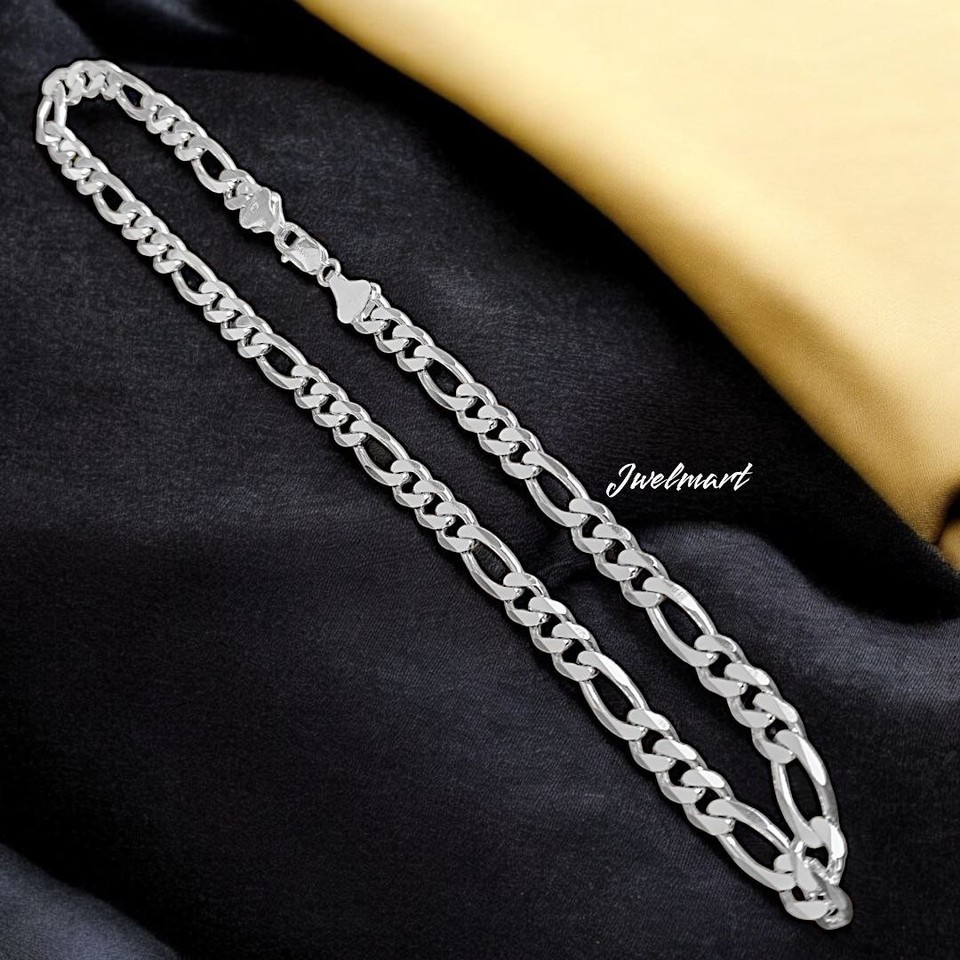 Real Sterling Silver Mens Diamond Cut Figaro Chain Necklace 925 Silver ...