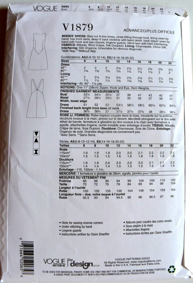 VOGUE PATTERN 1879 DRESS DESIGNER MISSES SIZES 6 8 10 12 14 UNCUT NEW ...