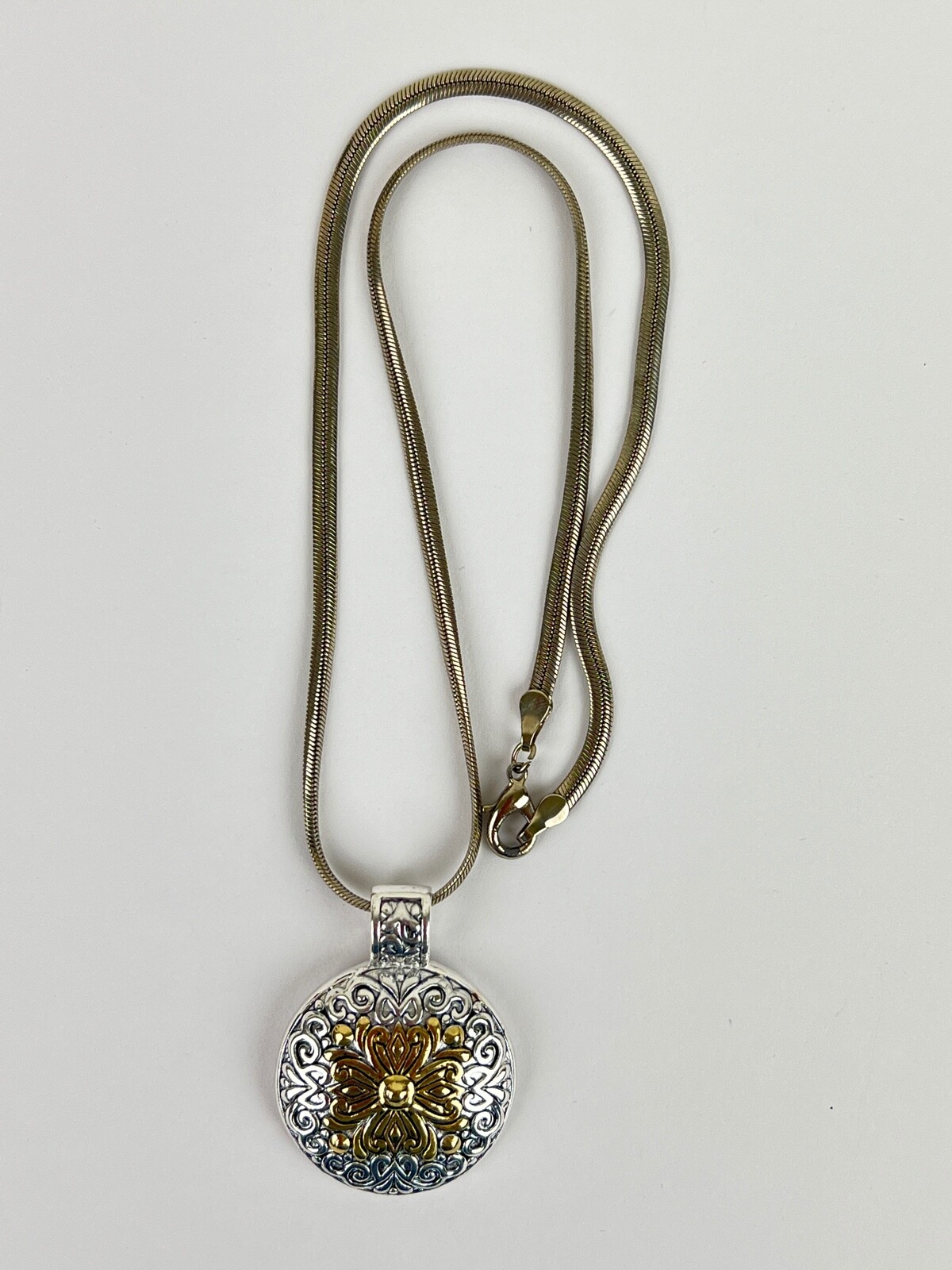 RMN Roman Silver & Gold Tone Ornate Round Disc Pendant 18" Serpentine ...
