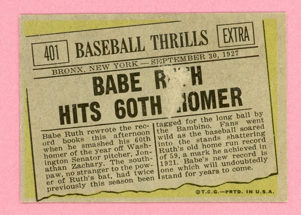 1961 Topps #401 Babe Ruth Hits 60th Homer Baseball Card Ex+-EM oc Ft ...