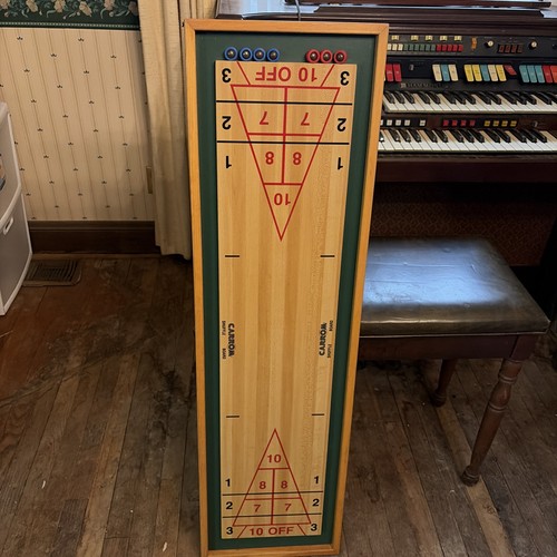 VINTAGE CARROM SHUFFLEBOARD GAME 46" LONG W/ BOX GOOD MISSING ONE RED ...
