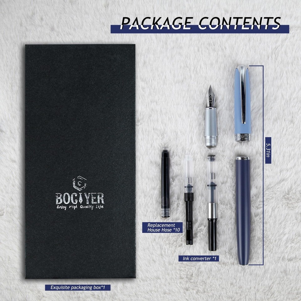 Blue Contrast Color Fountain Pen Set, Medium Nib, Refillable Fancy Pens ...