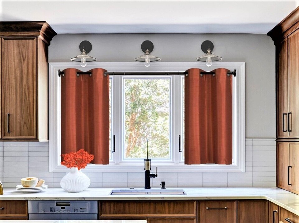 2PC KITCHEN RESTAURANT TIER BLACKOUT FAUX SILKY GROMMET WINDOW CURTAIN ...