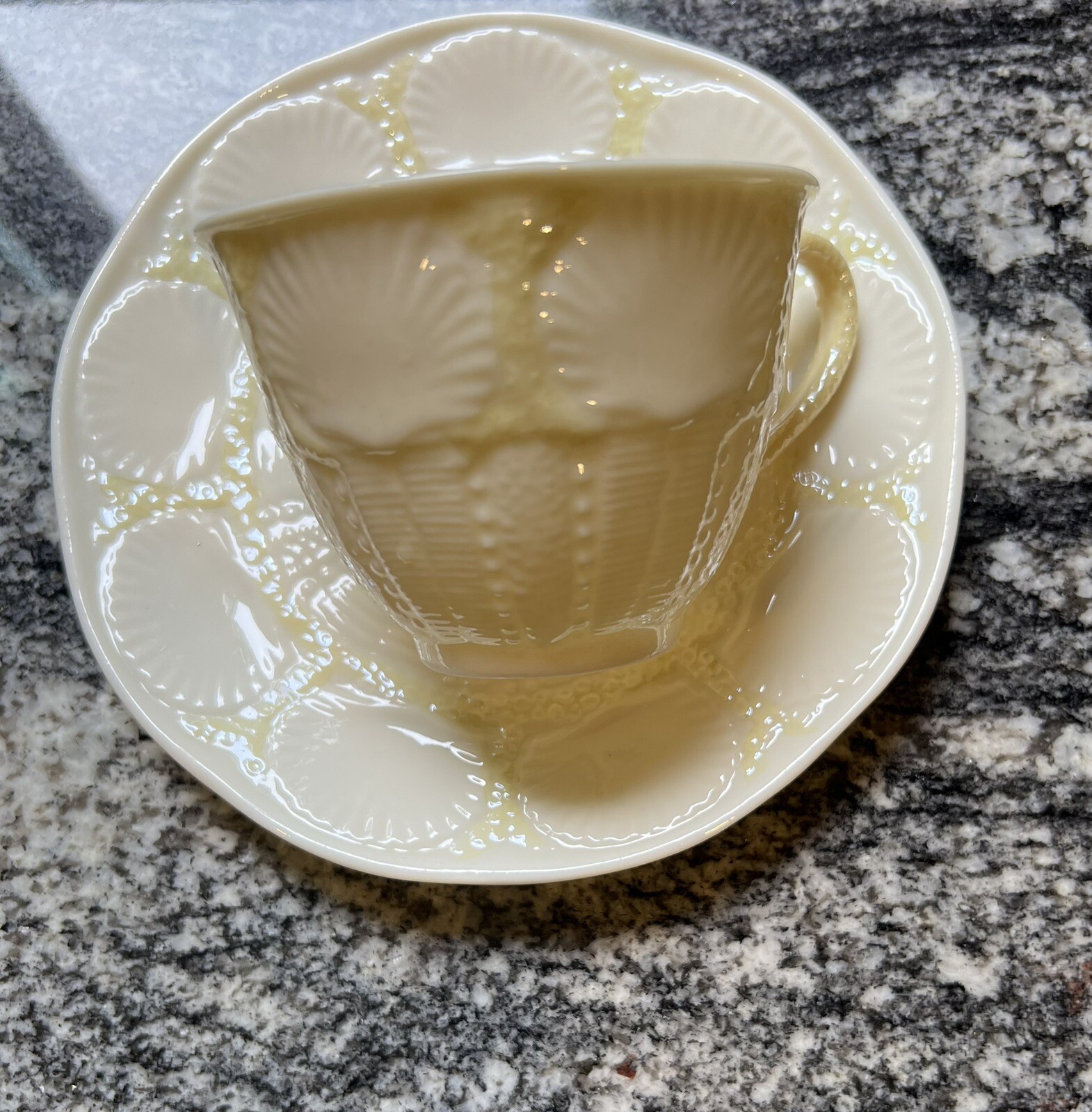 Vintage Belleek Seashell Teacup Saucer Set,Pale Yellow,6th Green Mark ...