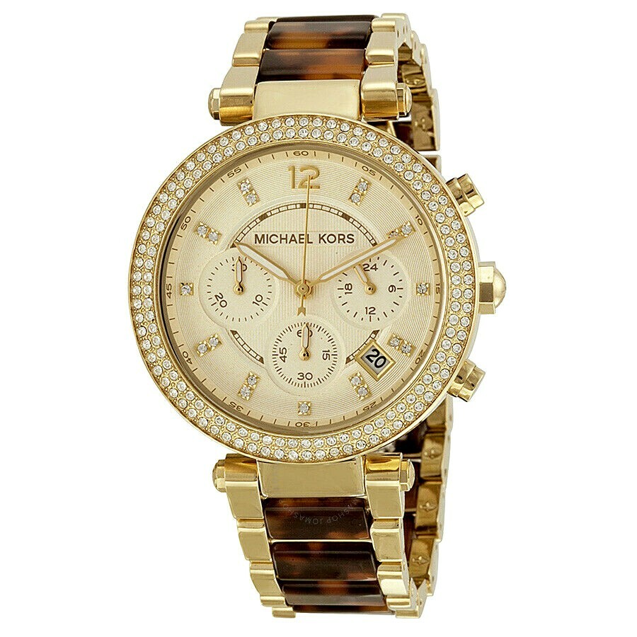 NEW MICHAEL KORS PARKER TORTOISE SHELL+GOLD TONE+CHRONO,CRYSTALS WATCH ...