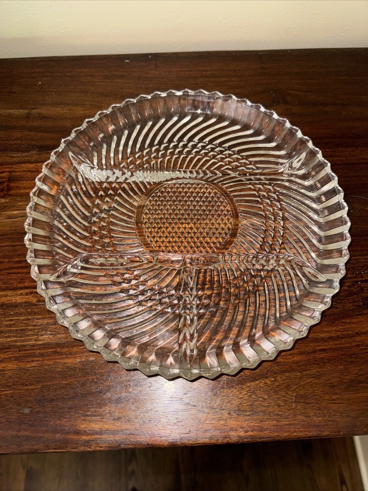 Vintage Divided Glass Dish Serving Plate Clear Scalloped Ribbed 4 ...