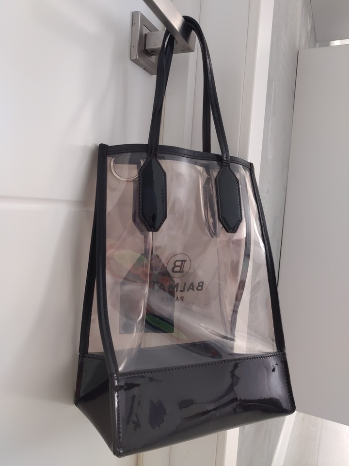 BALMAIN Transparent Print Logo Small Tote PVC Clear Black Leather ...