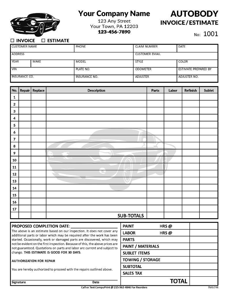 Body Shop Estimate Sheet