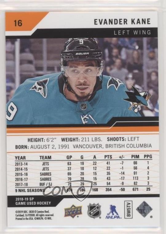 2018-19 Upper Deck SP Game Used Orange Rainbow /157 Evander Kane #16 | eBay