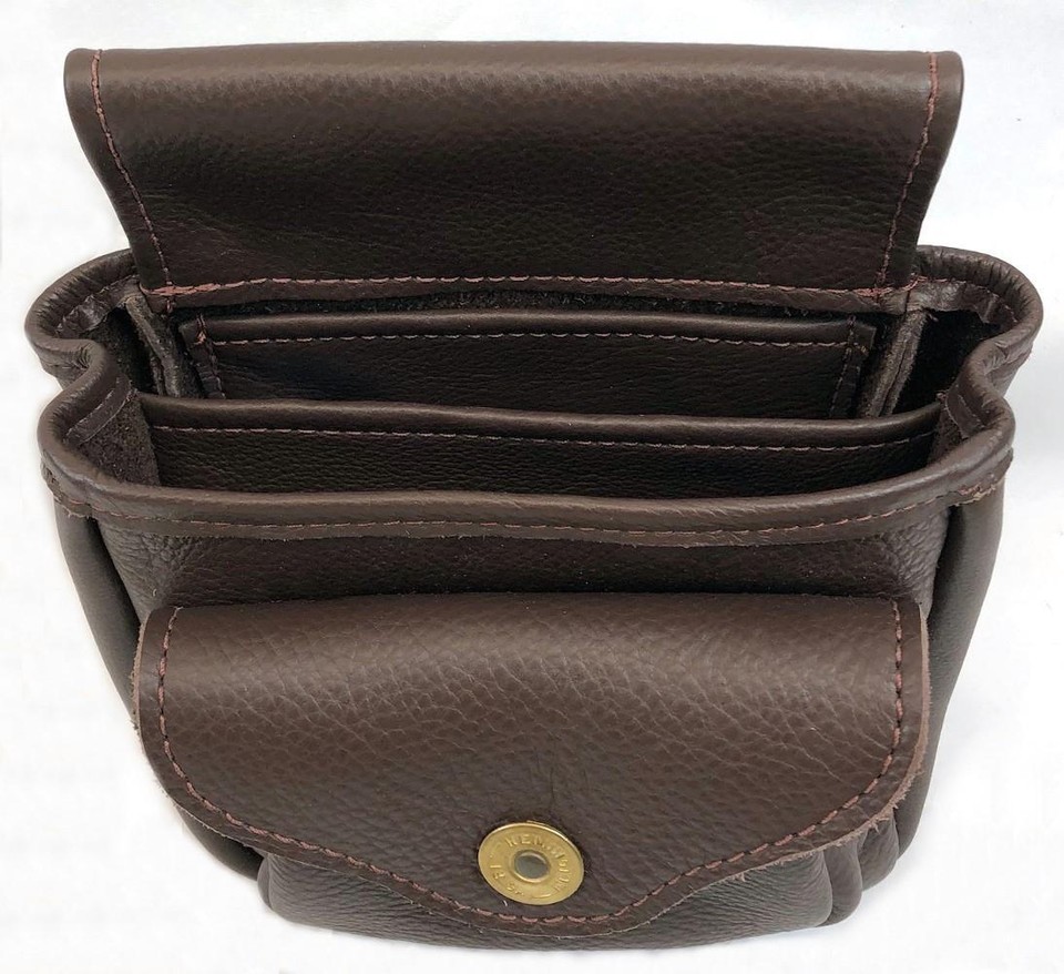 LEATHER SHOTGUN SHELL POUCH Skeet Trap Sporting Clays BROWN 12ga Brass ...