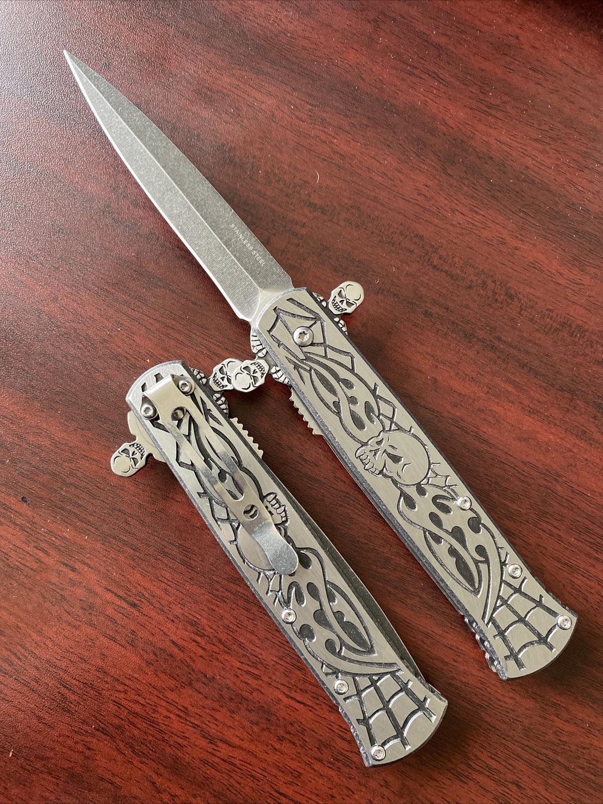 8.5” Black Skull Head Engraved Spring Assisted STONE WASH Folding ...