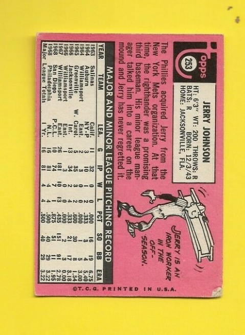 1969 Topps Jerry Johnson #253 Philadelphia Phillies VERY GOOD FREE ...
