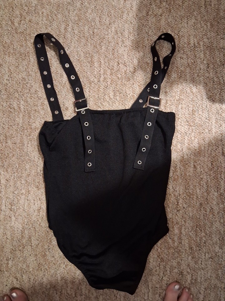 Pretty Little Thing Size 10 Black Bodysuit Adjustable Buckles Sexy Goth ...