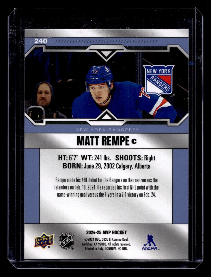 2024-25 Upper Deck MVP #240 Matt Rempe Silver Script Rookie Rangers | eBay