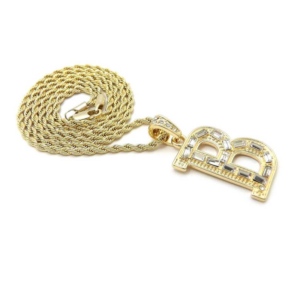 Iced Alphabet Initial B PENDANT & 18"~ 24" Box Cuban Rope Chain Hip Hop ...