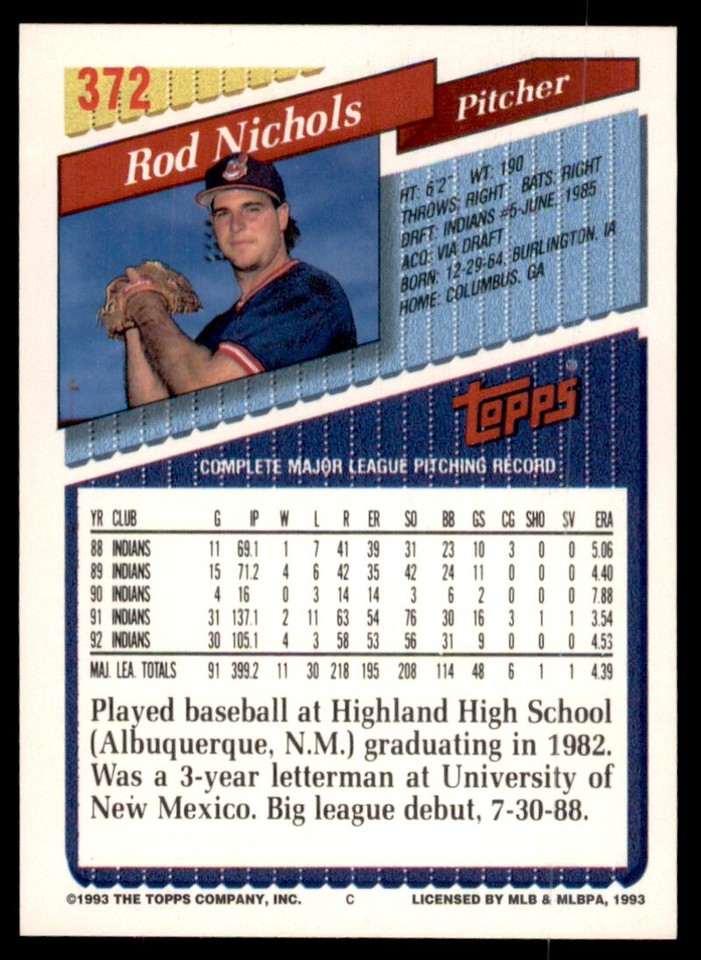 1993 TOPPS GOLD ROD NICHOLS CLEVELAND INDIANS #372 | eBay