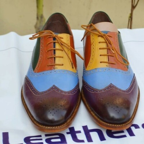 Bespoke Men Multi Color Leather Wingtip Oxford Dress Lace up Wedding ...