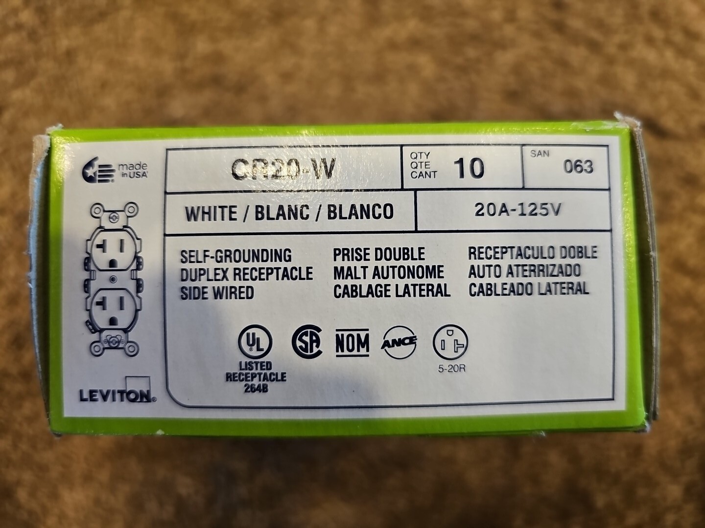Box of 10 Leviton CR20-W 20A 125V Duplex Receptacles - White | eBay