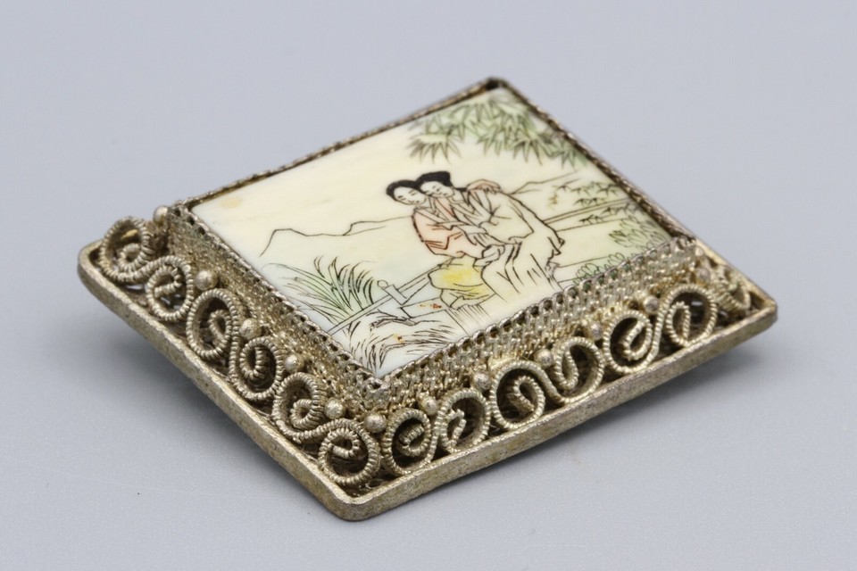 Hand Painted Sterling Silver Filigree Brooch, Antique Chinese Export ...