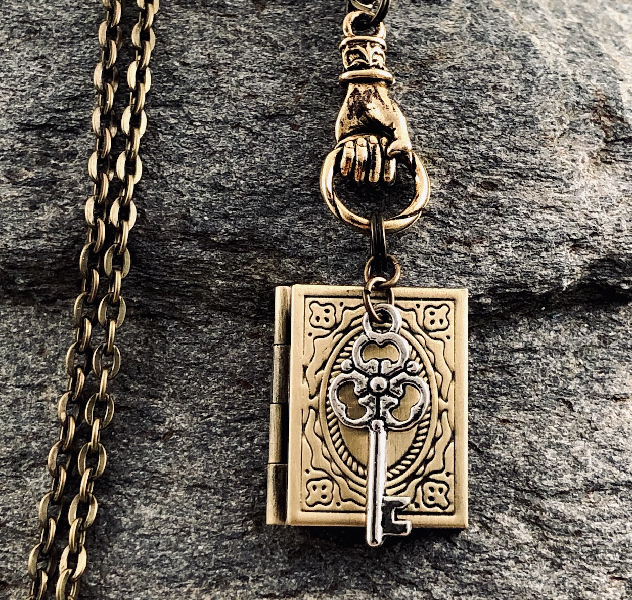 Diary w/ Skeleton Key Book Locket Necklace, Hand Charm, Vintage | eBay