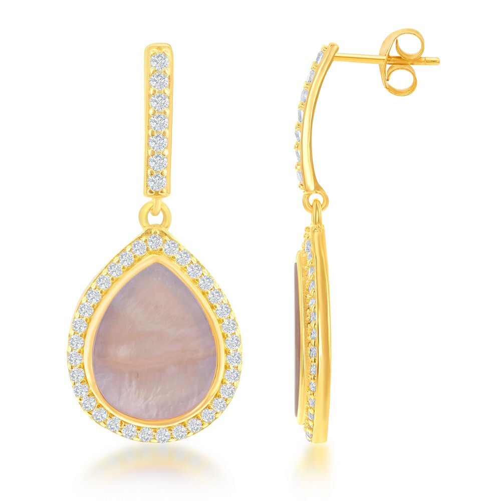 Stelring Silver GP Dangling Pink MOP Teardrop with CZ Border Earrings ...