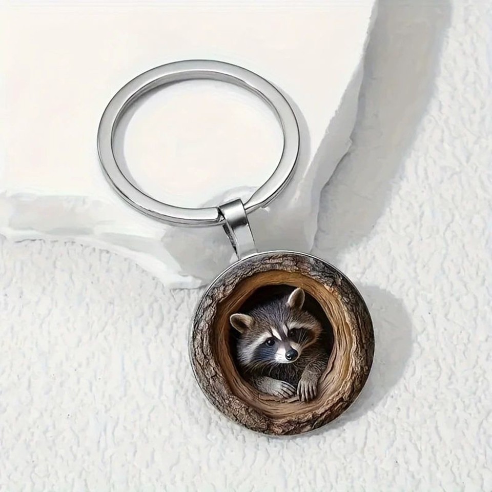 2D Raccoon Keychain Round Raccoon Tree Hole Backpack Charm Small Animal ...