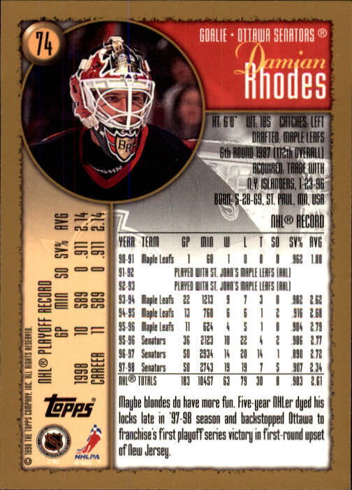 1998-99 Topps Senators Hockey Card #74 Damian Rhodes | eBay