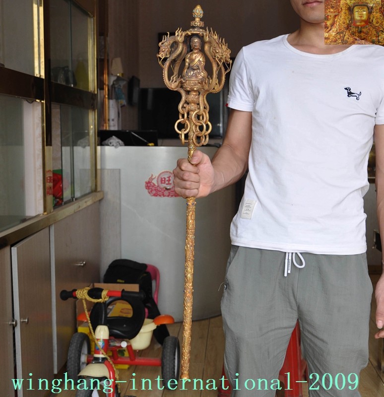 34" Bronze 24K Gold inlay gem Sakyamuni Dharmapala crutch walking stick ...