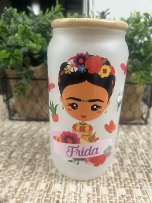 Frida Frosted Glass 16oz Cup With Straw And Bamboo | eBay