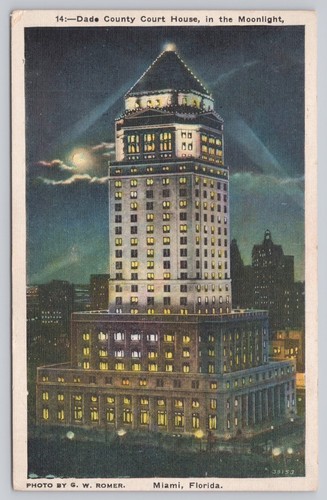 Vintage Miami Dade County Court House Moonlight Night Postcard 1938 | eBay