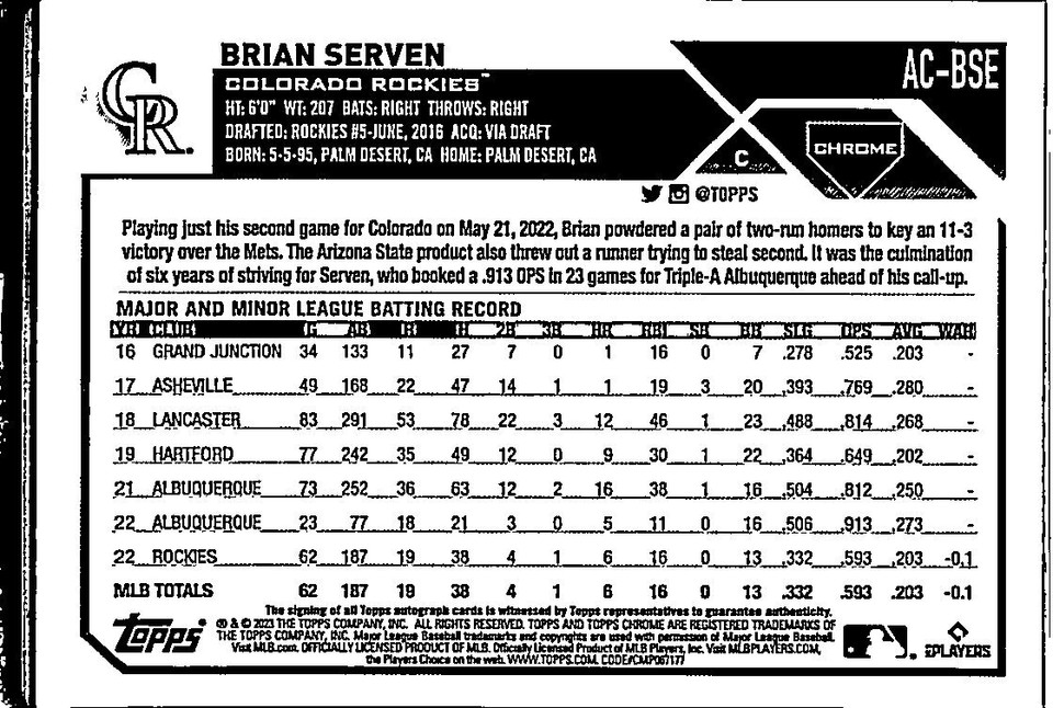 2023 Topps Chrome Update #AC-BSE Brian Serven Autographs | eBay