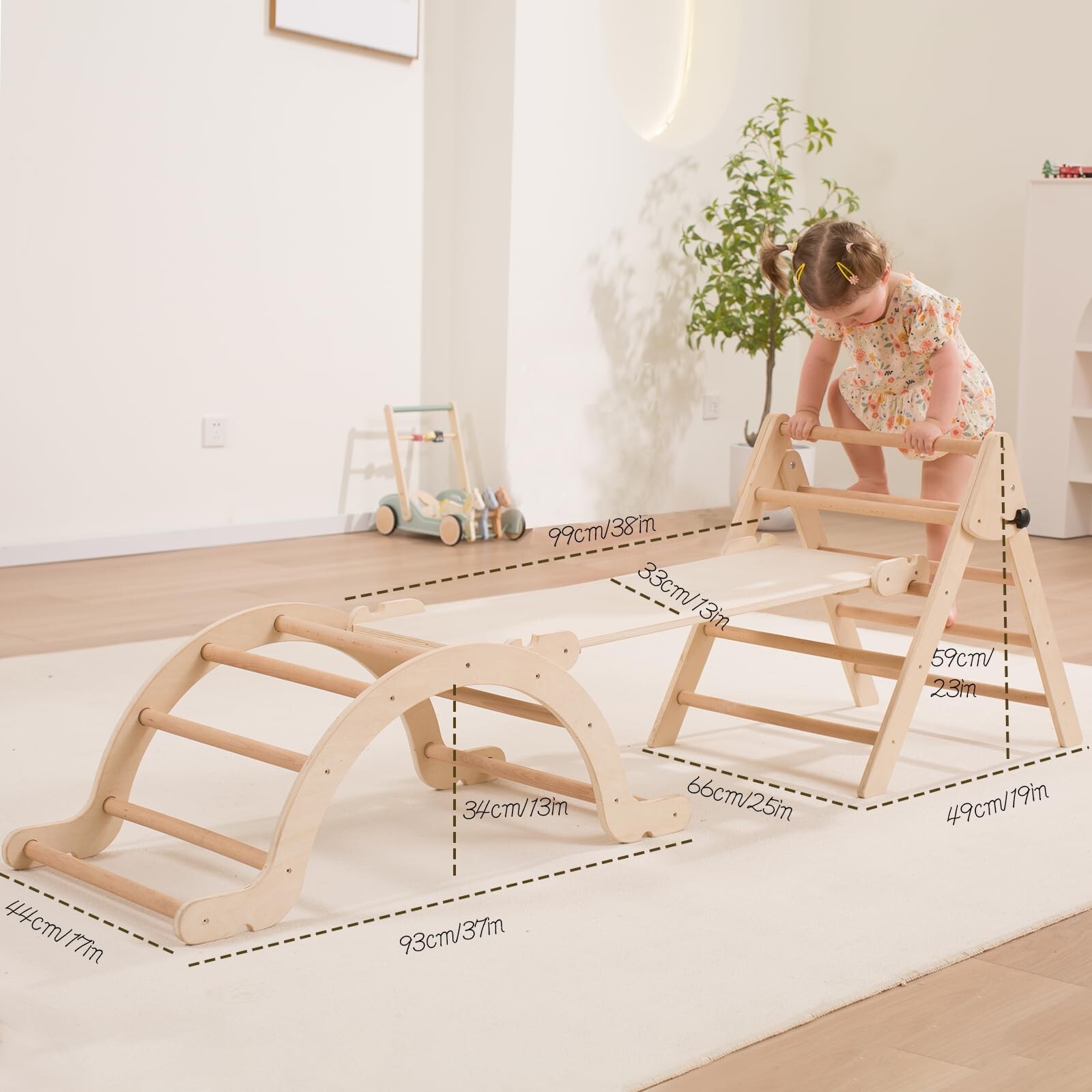 Giant Foldable Wooden Pikler Triangle Climbing Set with Sliding Ramp ...