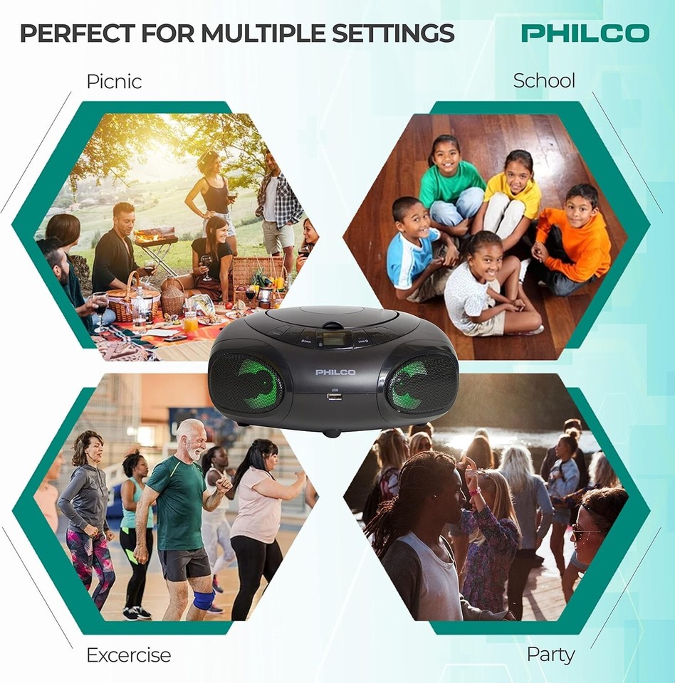 Philco Portable Bluetooth Boombox CD Player with AM/FM Radio and USB ...