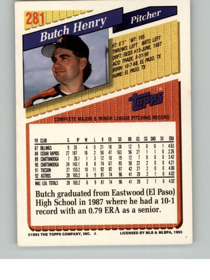 1993 Topps Butch Henry 281 Houston Astros Gold | eBay