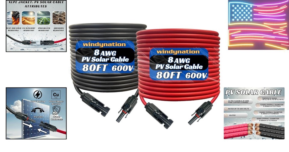 8 AWG 8 Gauge Pair 80 Feet Black + 80 Feet Red PV Photovoltaic Solar ...