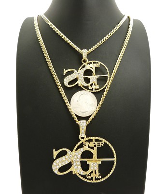 Hip Hop Pave Sniper Gang SG Pendant 24",30" Cuban Chain 2 Necklace Set ...