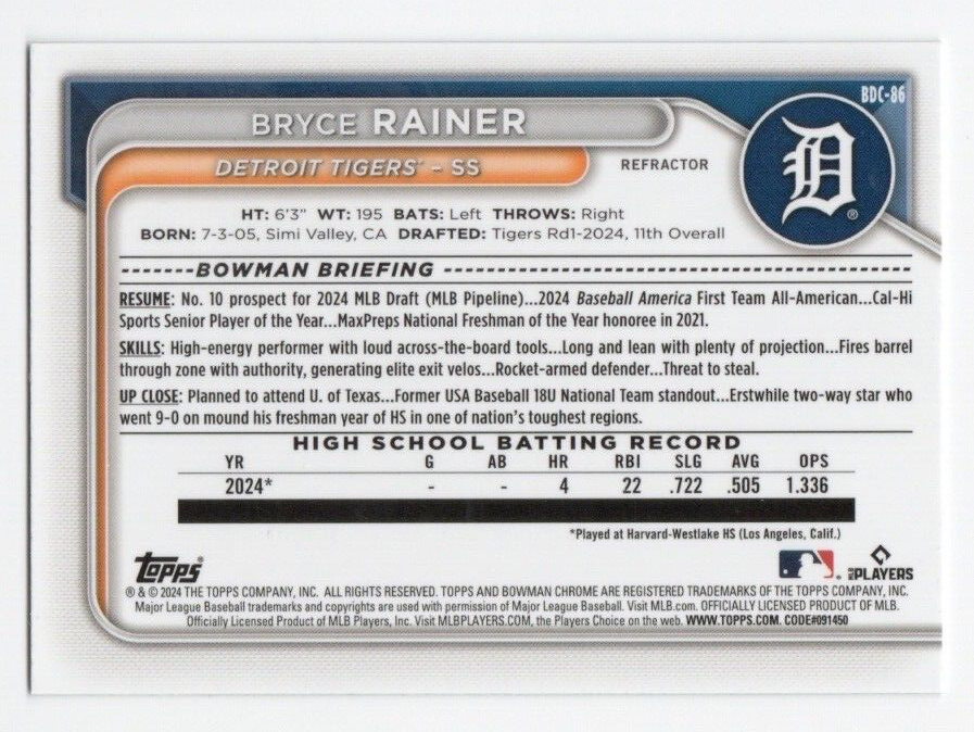 2024 Bowman Draft #BDC-86 Bryce Rainer Chrome Refractor Tigers | eBay