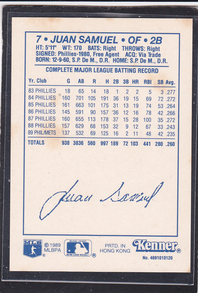 1990 JUAN SAMUEL - Kenner Starting Lineup Card - New York Mets - (BLUE ...