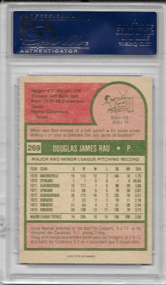 DOUG RAU 1975 O-PEE-CHEE #269 Baseball PSA 7 NEAR MINT L.A. Dodgers ...