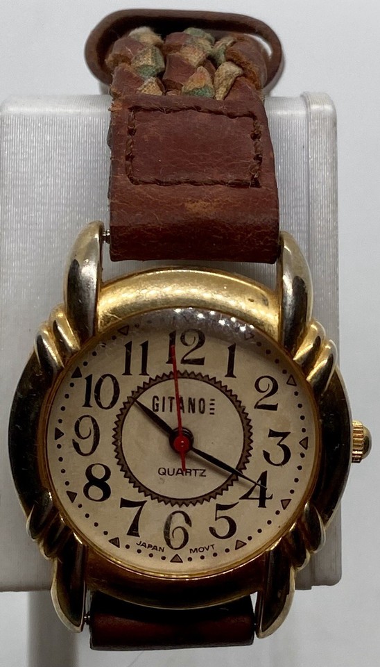 VTG GITANO Ladies Watch New Battery Gold Case Brown Leather Strap Large ...