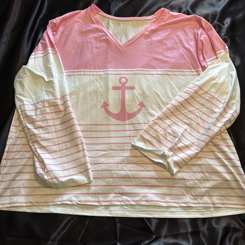 NIP 1X-2X Pink White Striped Anchor Tunic Top Blouse Long Sleeve V-neck ...