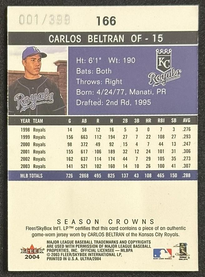 2004 Ultra #166 Carlos Beltran Season Crowns Game Used Patch Relic #1/ ...